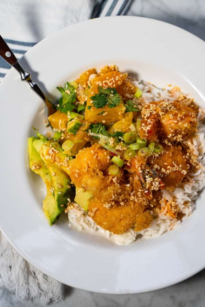 Panko Shrimp Rice Bowl Recipe with Honey Orange Sauce | Our Table 4 2