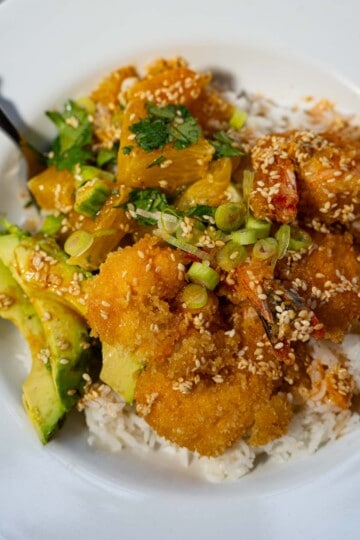Panko Shrimp Rice Bowl Recipe with Honey Orange Sauce | Our Table 4 2